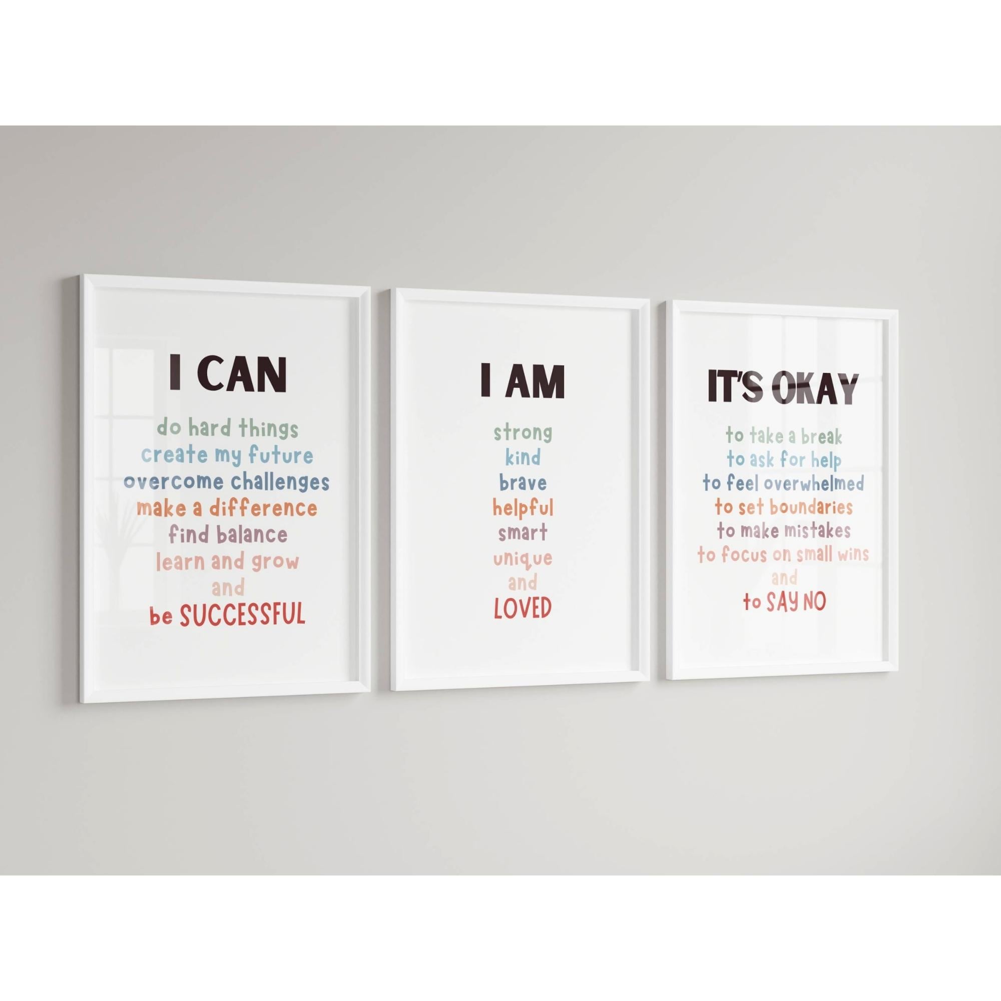 Affirmations for Kids Posters, Set of 3, I Am I Can Wall Art Print ...