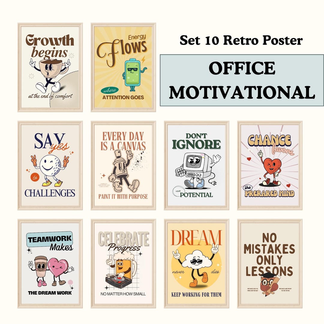 Office Motivational Retro Posters, Set of 10, Groovy Desk Decor Prints ...