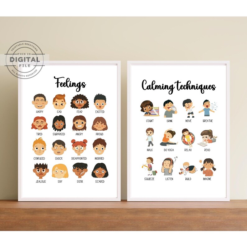 Feelings Chart Emotions Poster for Kids, Set of 2 Art Prints, Calming ...