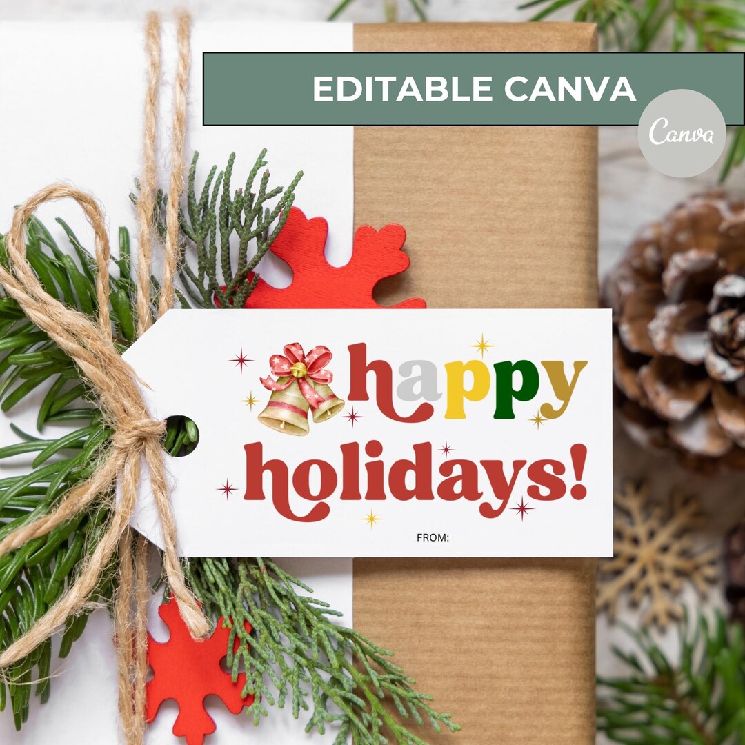 Editable Christmas Gift Tag, Merry Xmas Favor Tags, Happy Holidays Bag ...