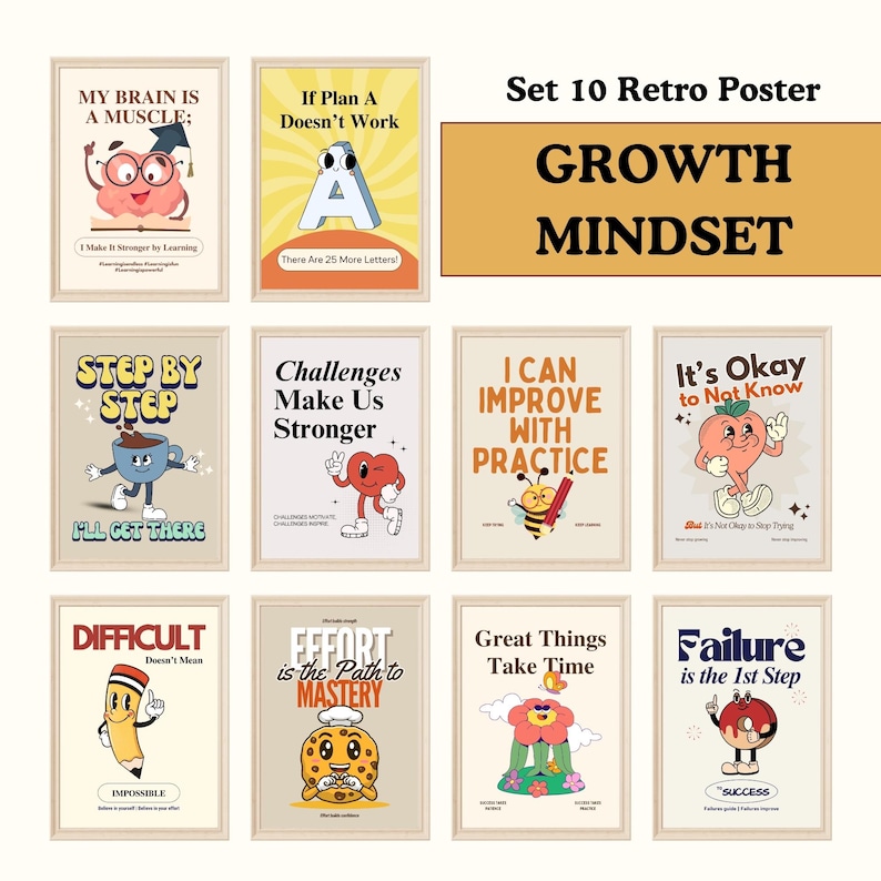 Growth Mindset Poster Set – Retro Classroom Decor, Motivational Quote ...