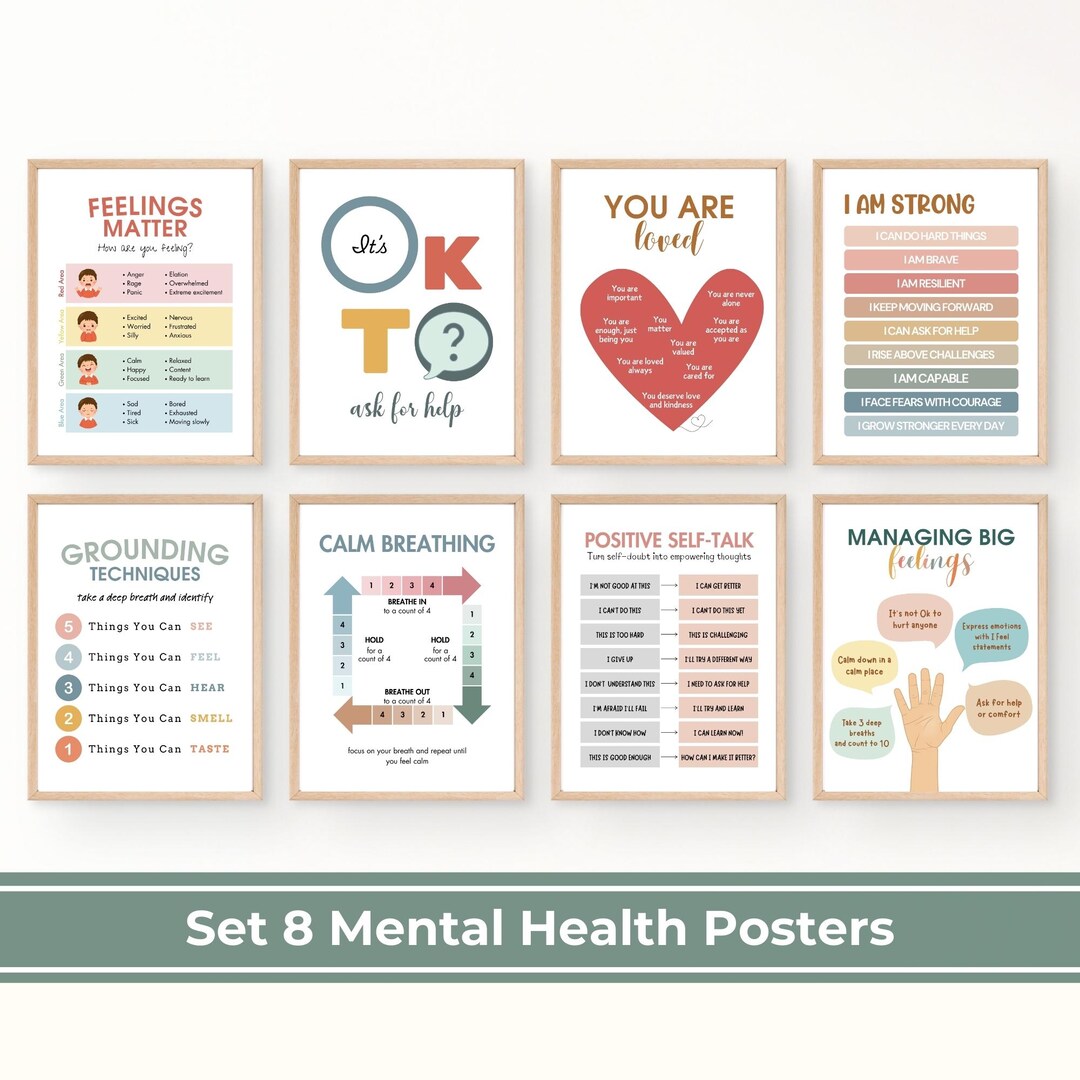 Mental Health Posters, Set of 8, Psychology Wall Art, Feeling Chart ...