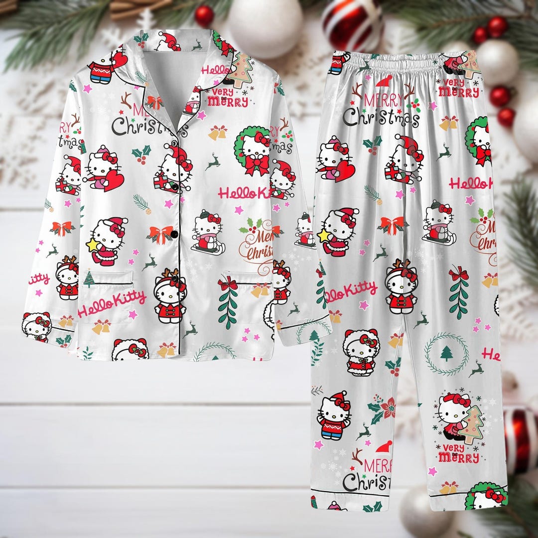 Hello Kitty Christmas Pajamas, Cute Cat Merry Christmas Kid Women Pjs ...