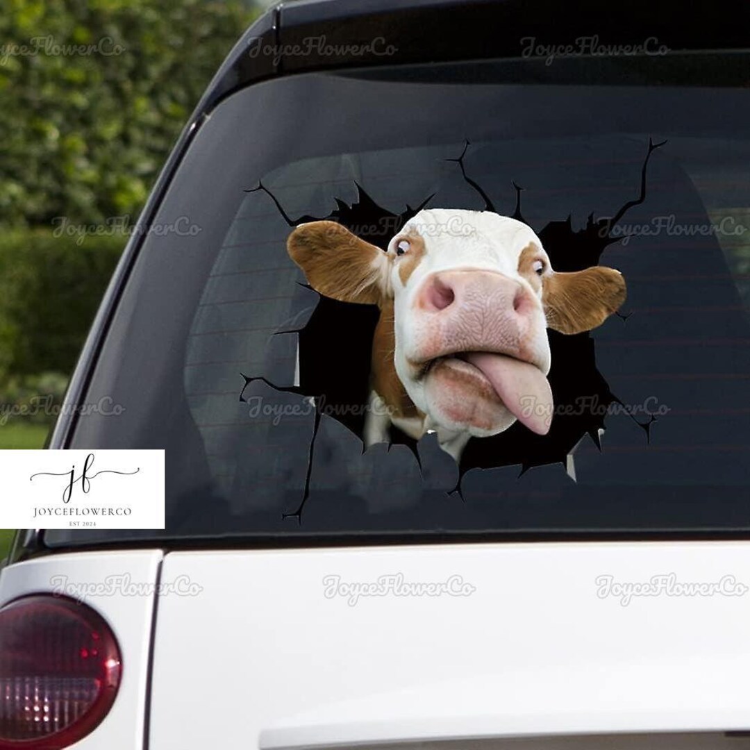 Funny Peeking Cow Car Decal, Cow Cracking Car Sticker, Cow Car Window ...