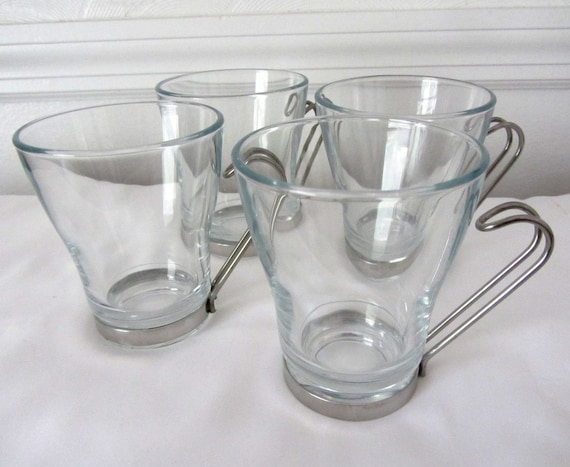 Glass Coffee Cups Or Tea Cups With Metal Ring And Handles Set Etsy