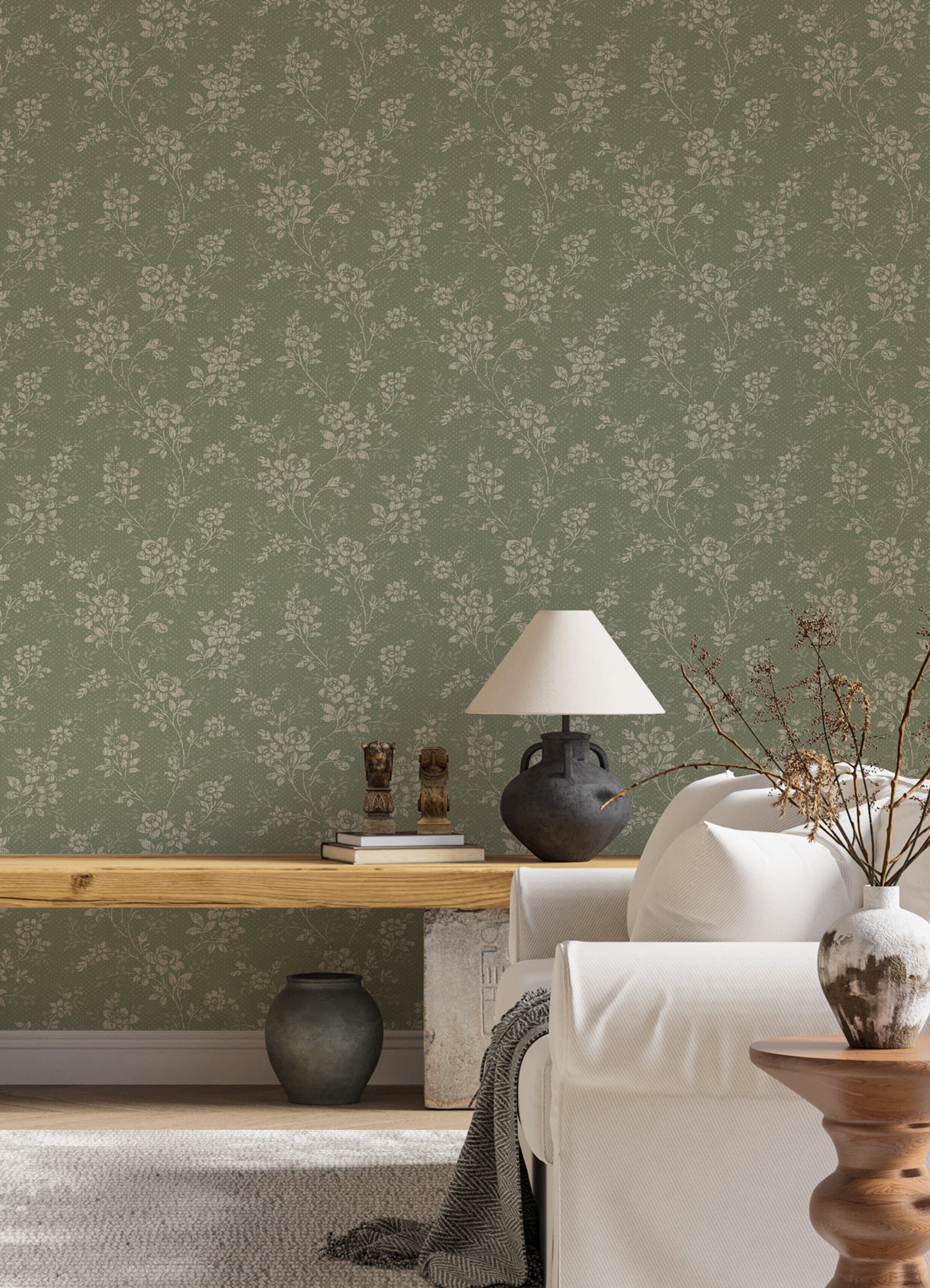Green Leafy Wallpaper With Small Flower Pattern, Minimal Hand Paint ...