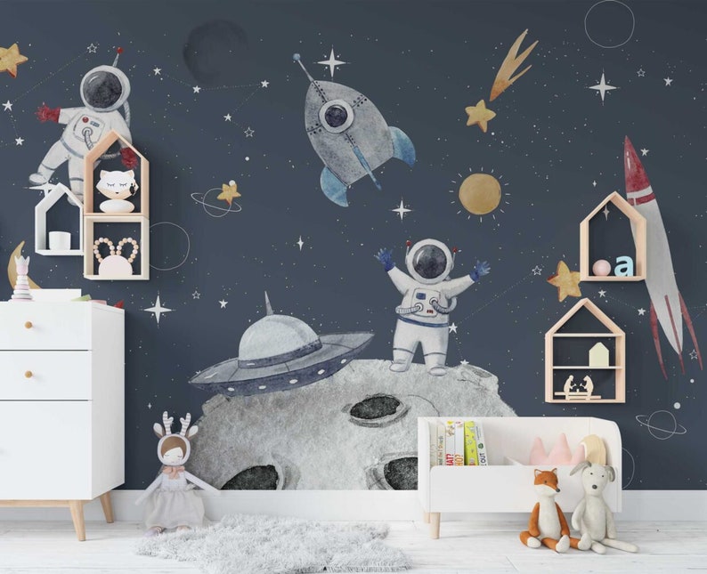 Kids Space Wallpaper, Gray Astronaut, Planets Wallpaper, Peel and Stick ...