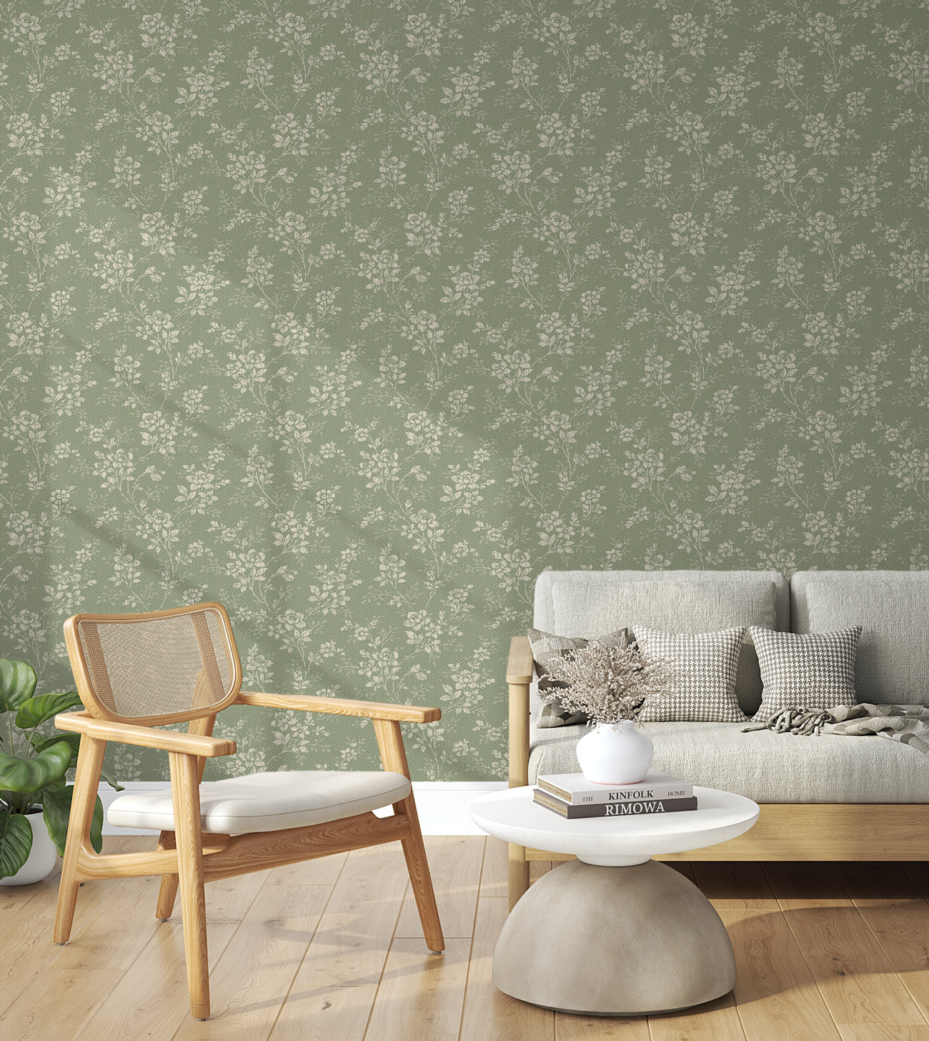 Green Leafy Wallpaper With Small Flower Pattern, Minimal Hand Paint ...