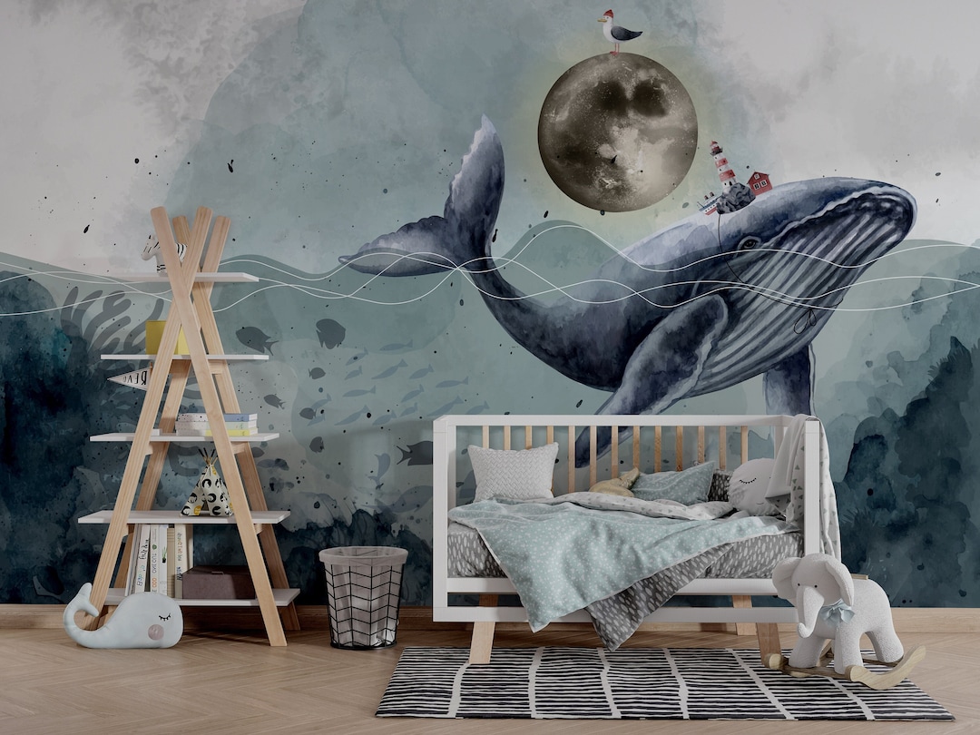 Watercolor Ocean Animals Wallpaper Peel and Stick, Whale Nautical ...