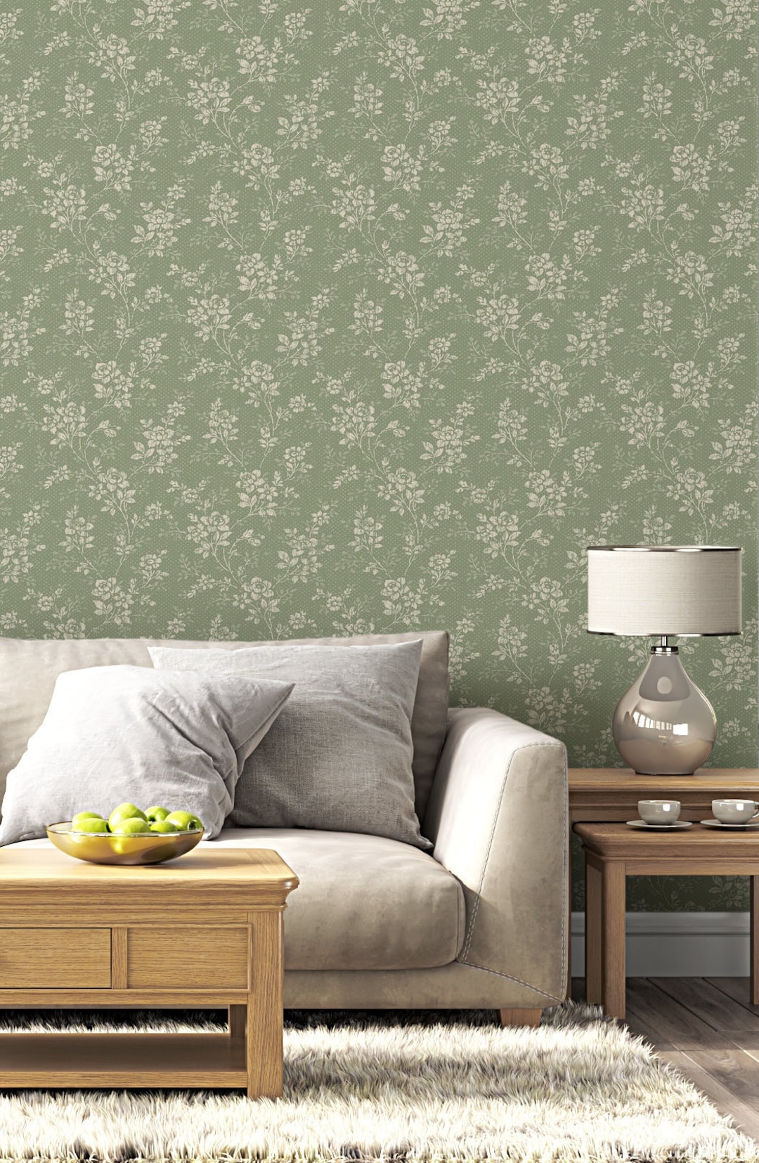 Green Leafy Wallpaper With Small Flower Pattern, Minimal Hand Paint ...