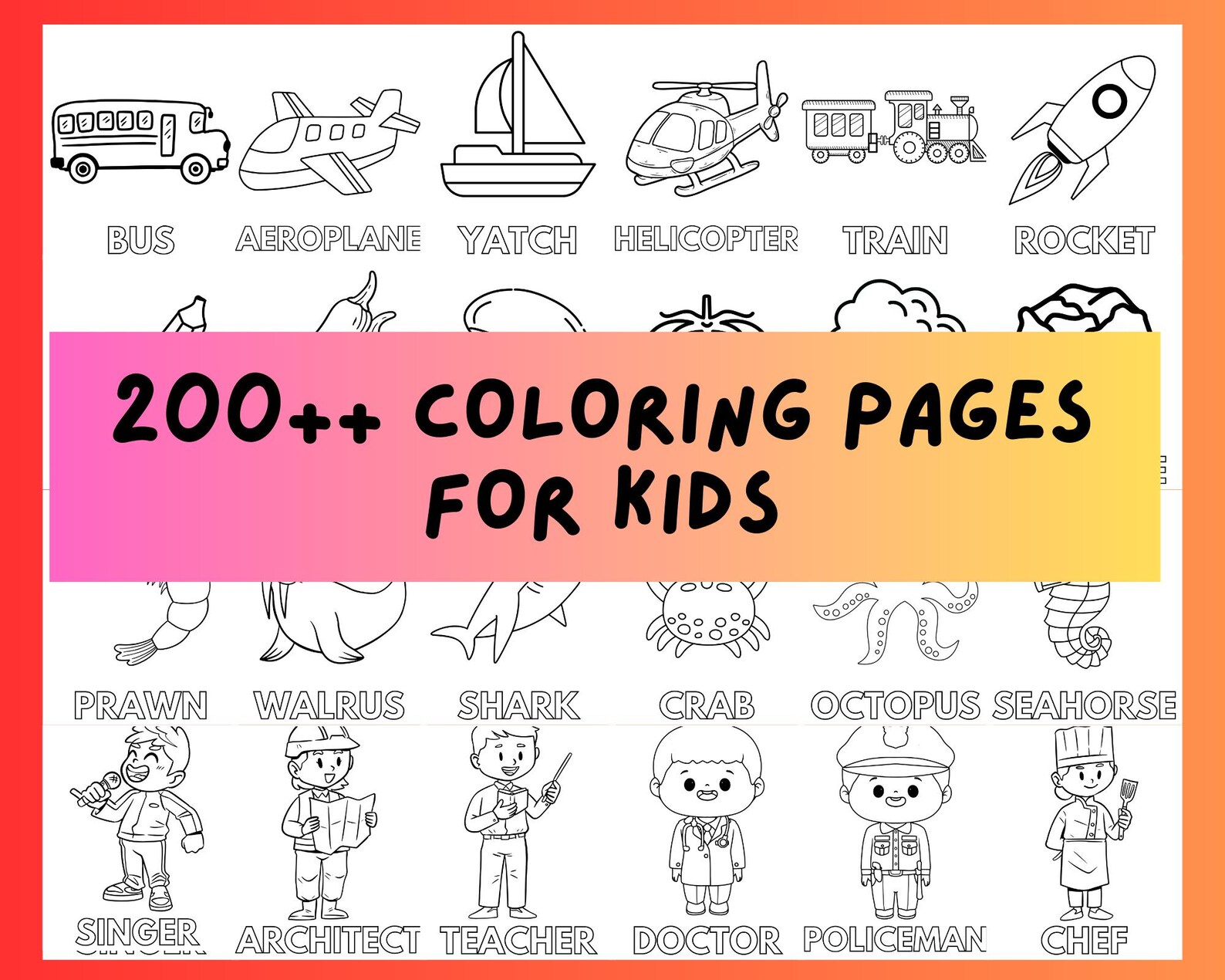 200 Coloring Pages Kids Coloring Book Animal, Food, Alphabets & Numbers ...