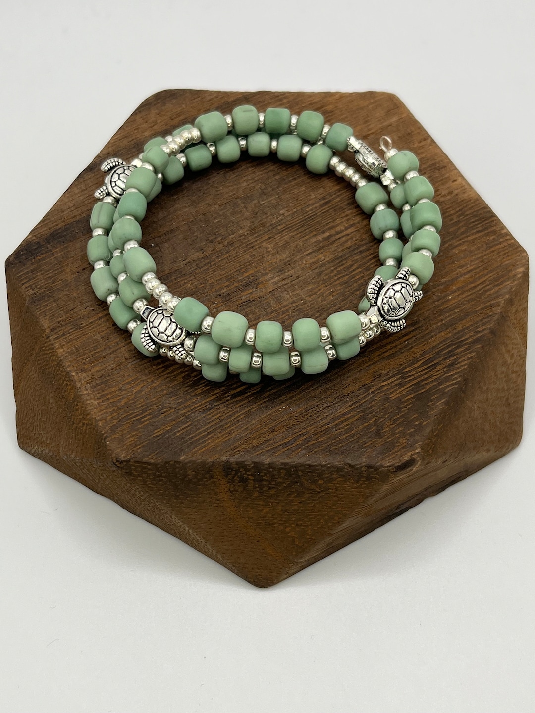 Turtle Bay Coil Bracelet - Seafoam Green Recycled Glass Beads | Silver ...