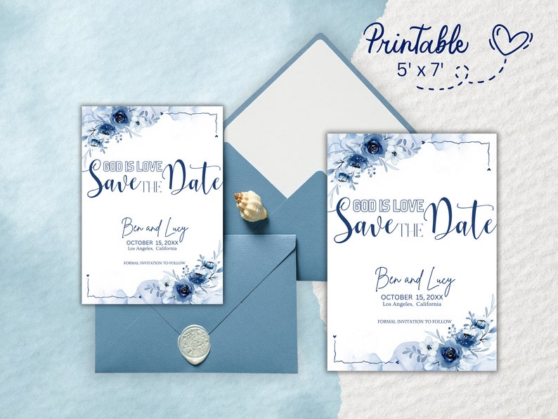 Blue Save the Date, Christian Invitation, Blue Floral Wedding ...