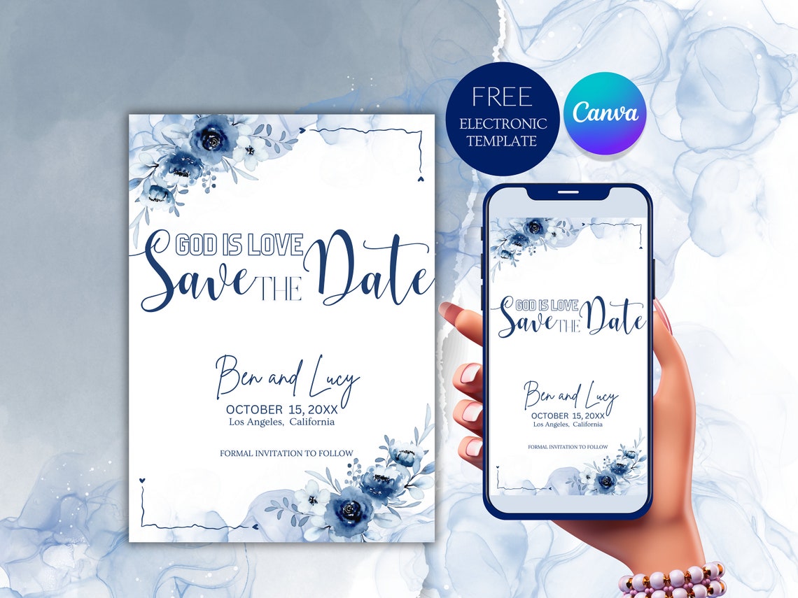 Blue Save the Date, Christian Invitation, Blue Floral Wedding ...