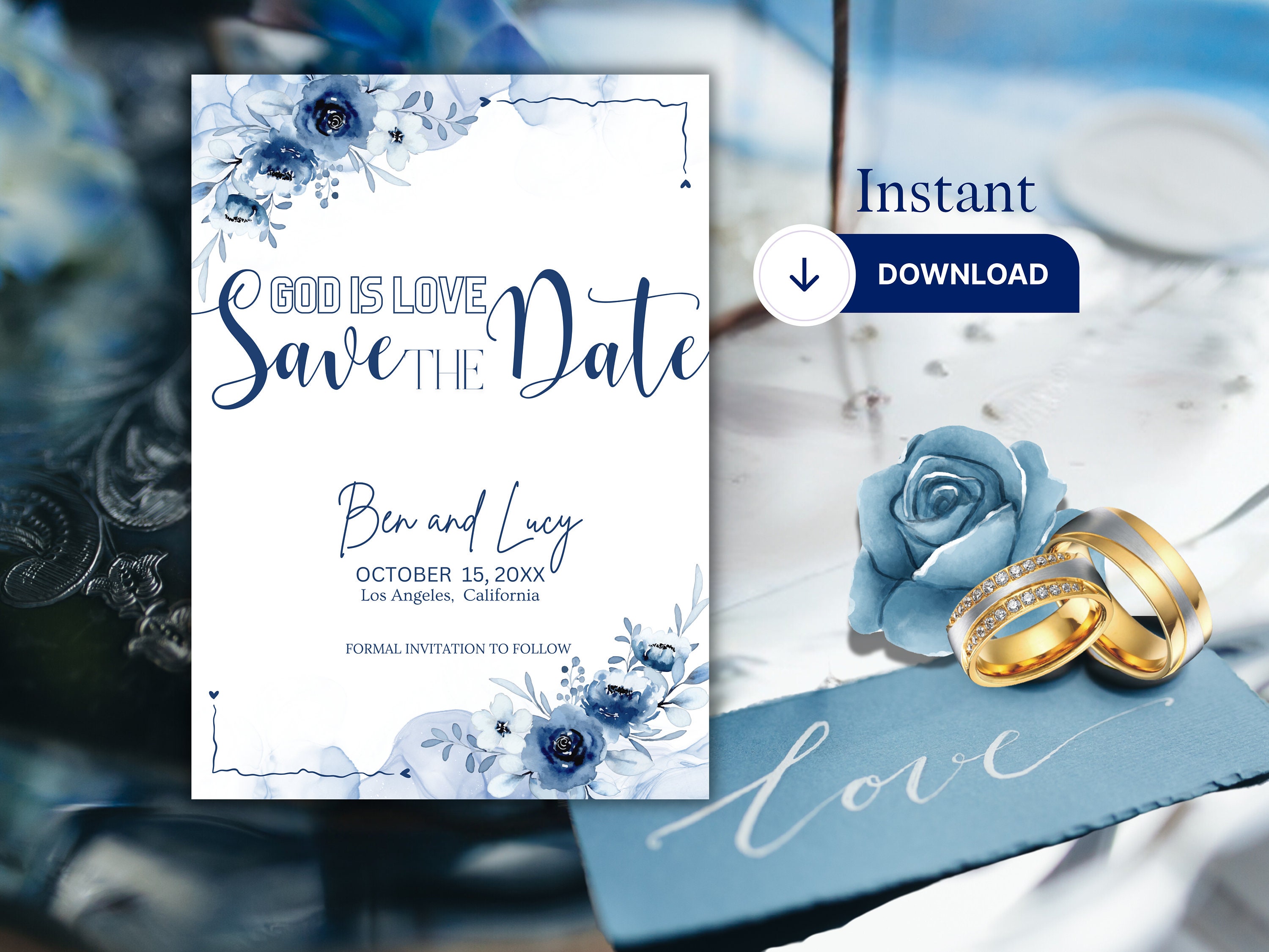 Blue Save the Date, Christian Invitation, Blue Floral Wedding ...