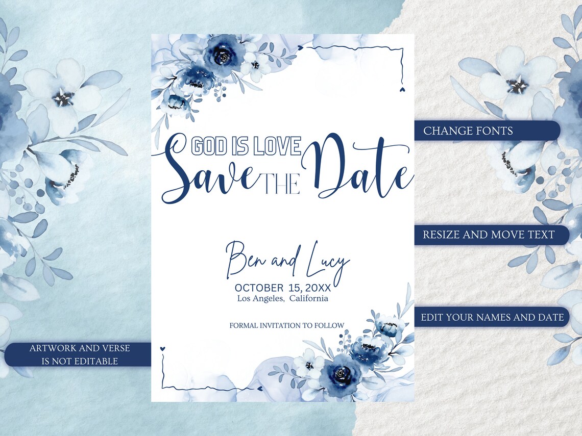 Blue Save the Date, Christian Invitation, Blue Floral Wedding ...