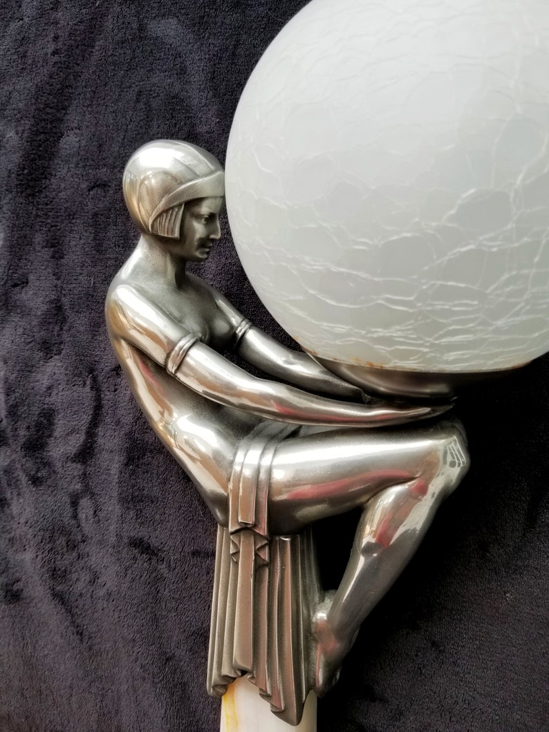 Art Deco Obelisk Lady Lamp Silver / White Marble After M Le Verrier ...
