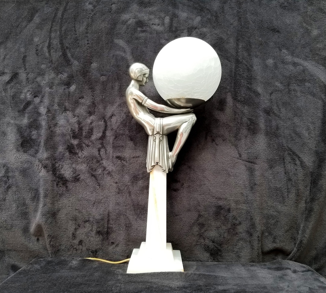 Art Deco Obelisk Lady Lamp Silver / White Marble After M Le Verrier ...