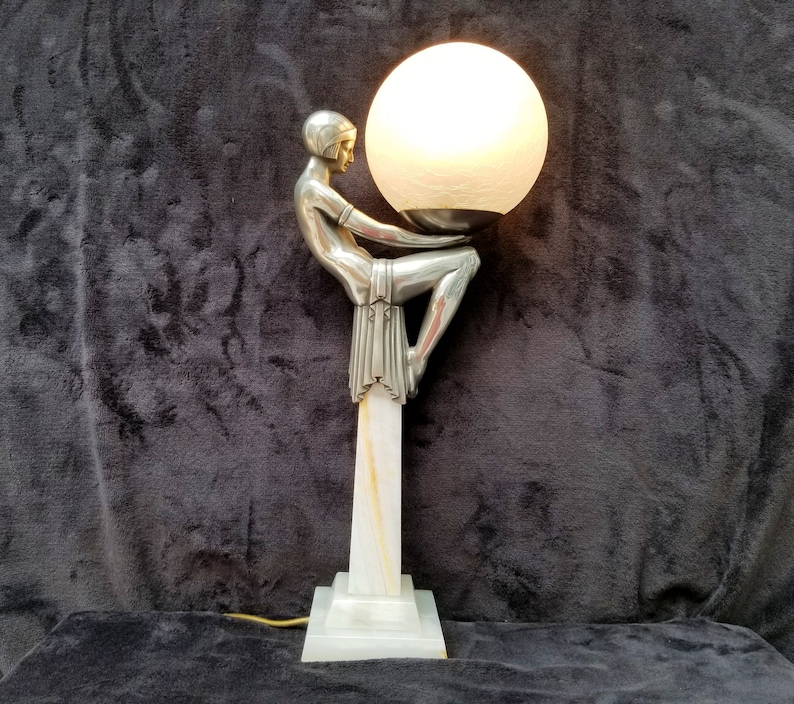 Art Deco Obelisk Lady Lamp Silver / White Marble After M Le Verrier ...