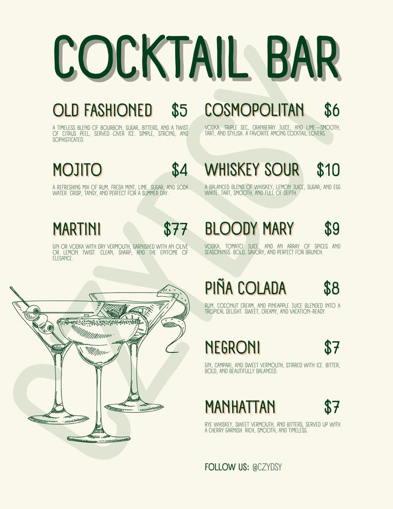 Editable Bar Menu Templates: Stylish Designs (digital Download) - Etsy