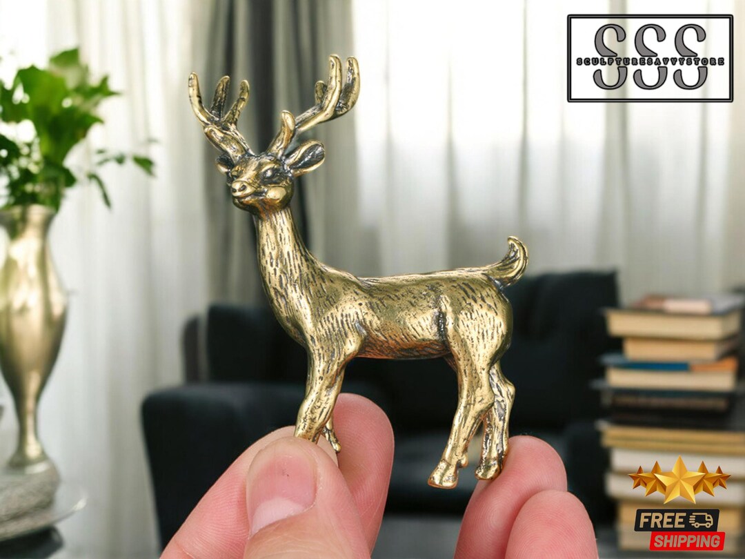 Brass Elk Statue | Cute Animal Deer Figurine | Miniature Desk Ornament | Tea Pet Decoration ...