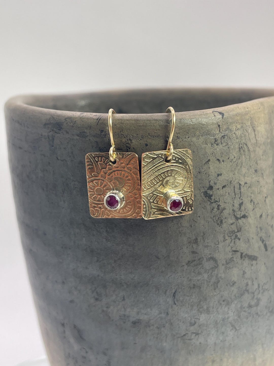 Textured Gold and Ruby Tab Earrings - Etsy