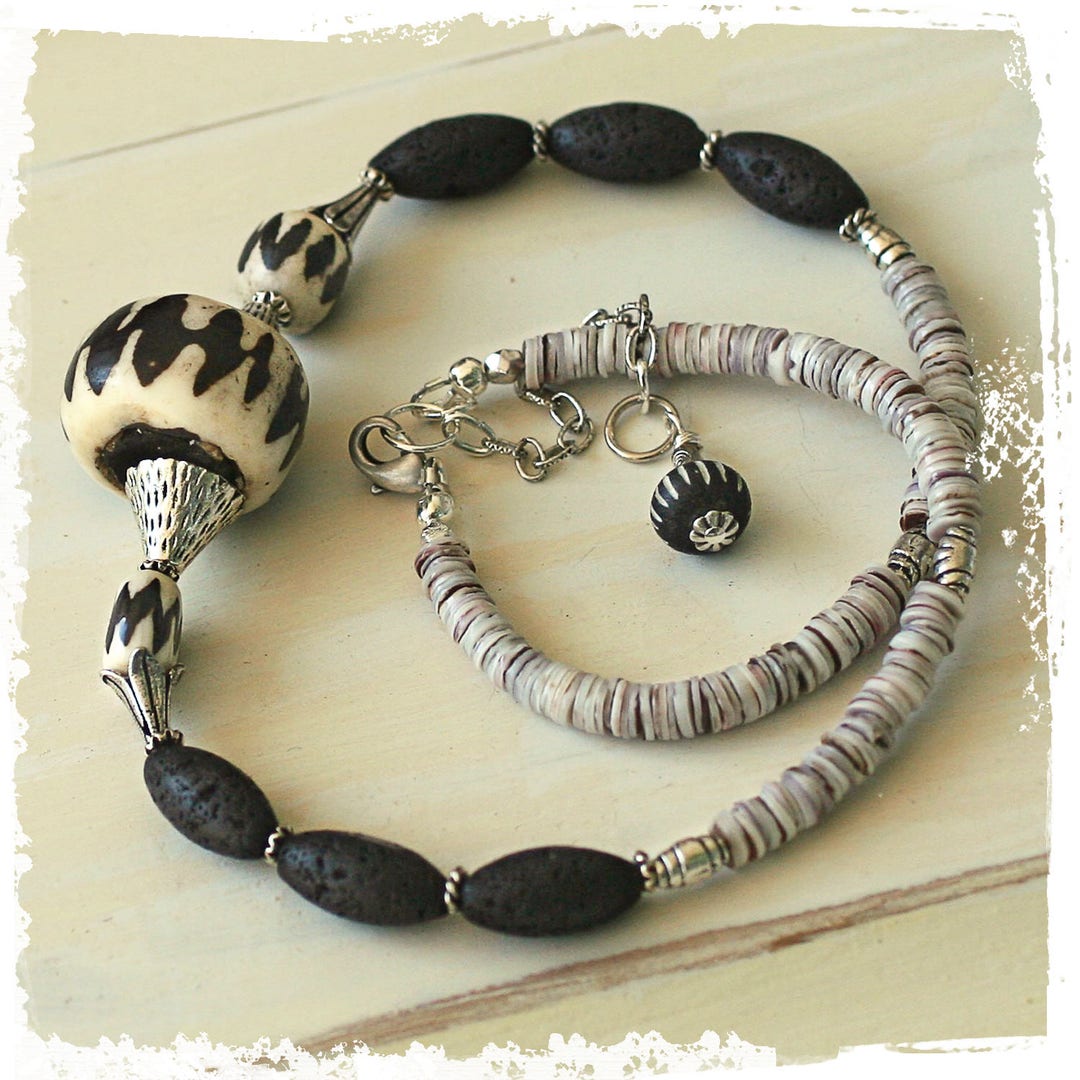 Bone and Shell Necklace Adjustable Unisex Gift, Modern Tribal Jewelry ...