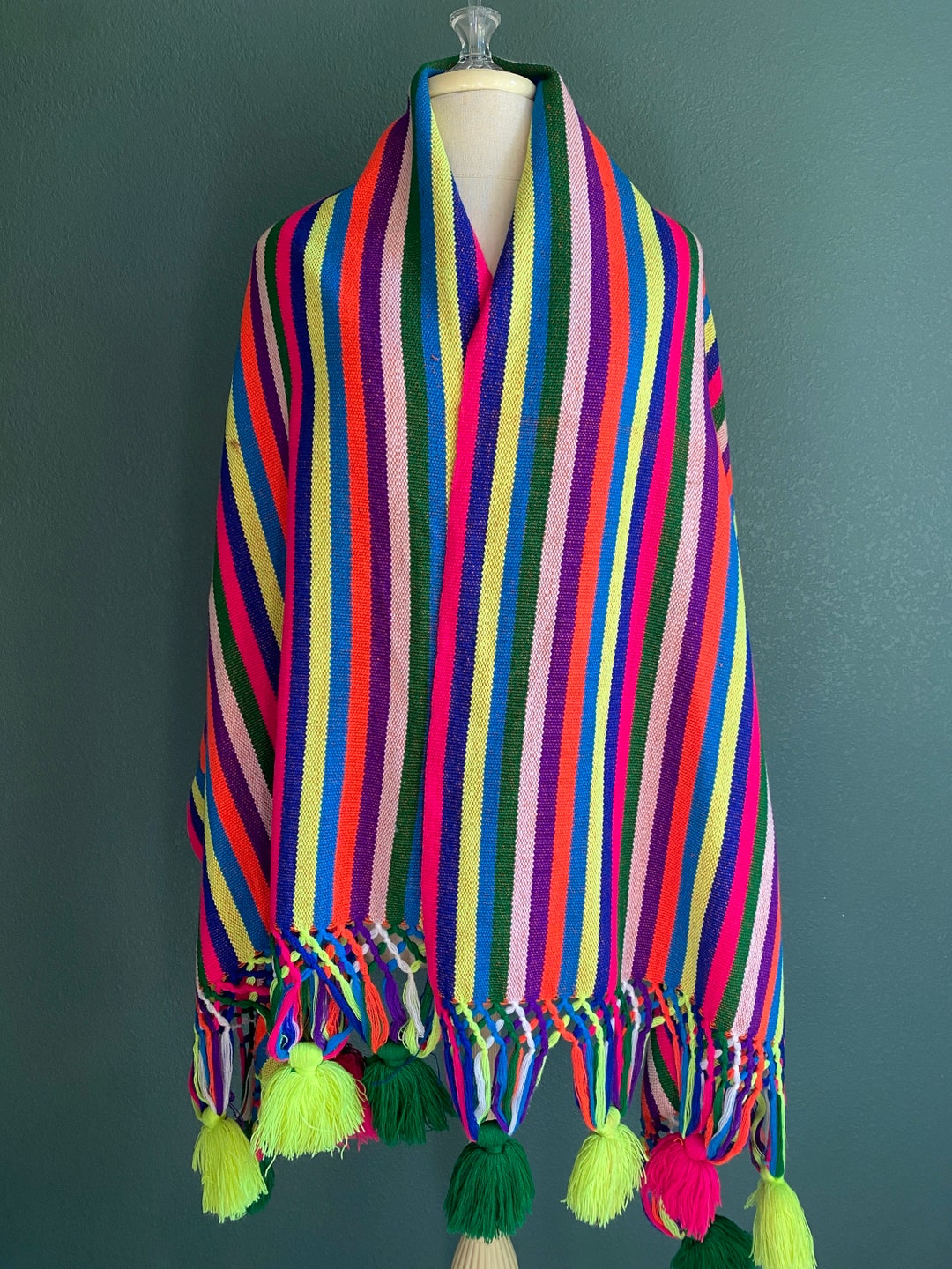 Vintage Mexican Rebozo Shawl Multicolored Tassels Size 60” X 49” With 7 ...
