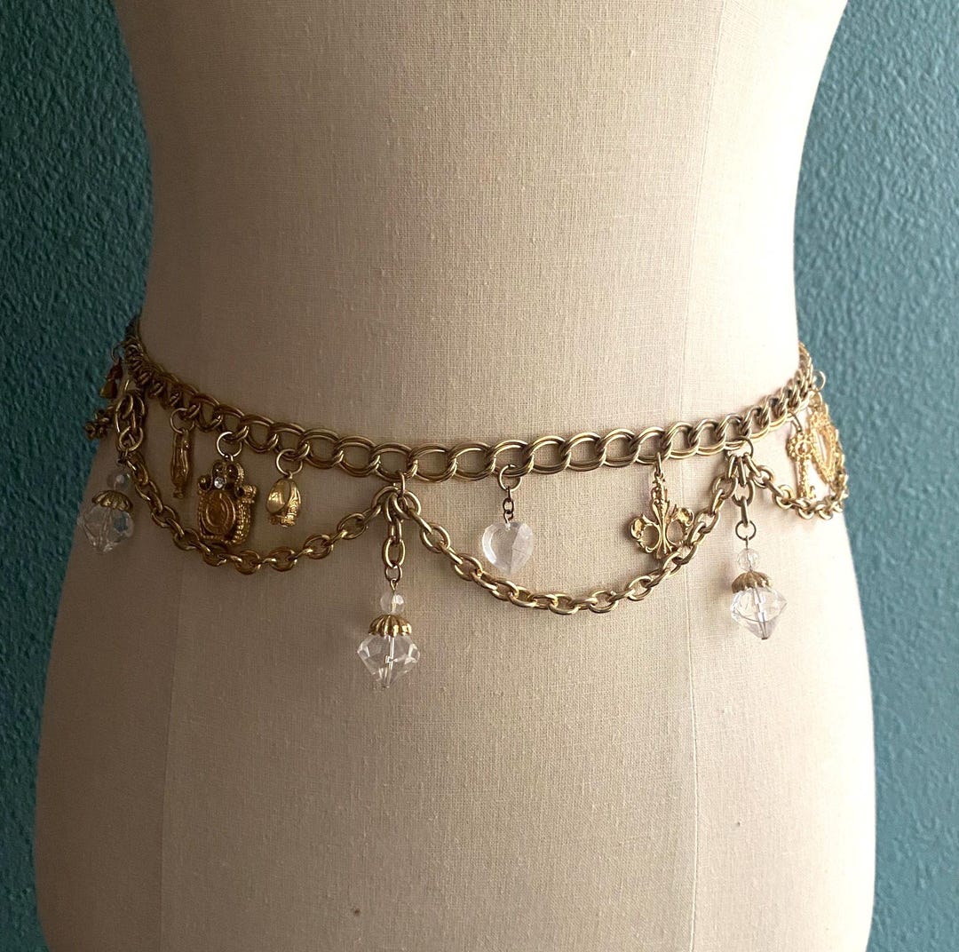 Vintage Gold Chain Link Belt With Gold Charms and Crystal Beads ...