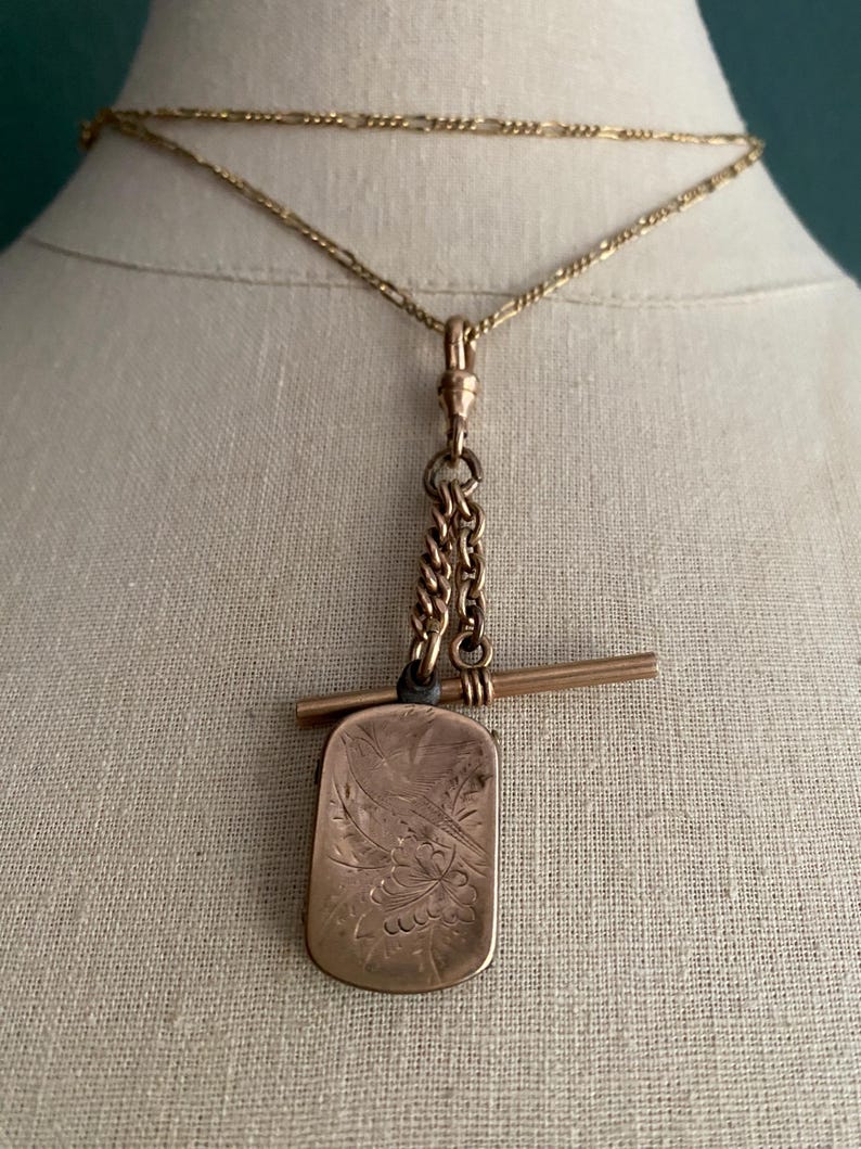 Antique Victorian Hand Embossed Locket and Watch T Bar / Bird Necklace ...