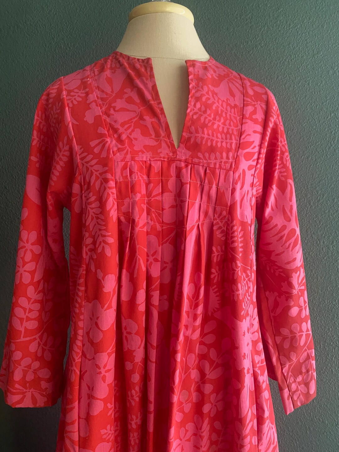 60’s Ruth Clarage Hand Printed Red and Pink Maxi Dress / Size Medium ...