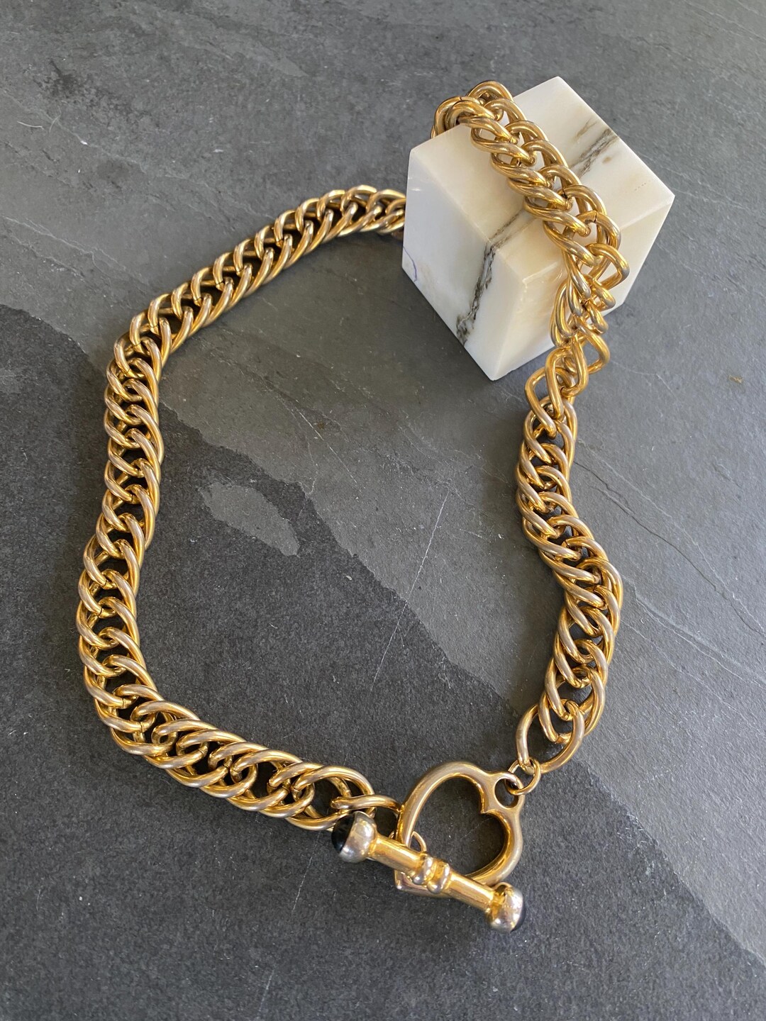 Vintage Chunky Gold Tone Chain With Mixed Metal Heart Toggle - Etsy