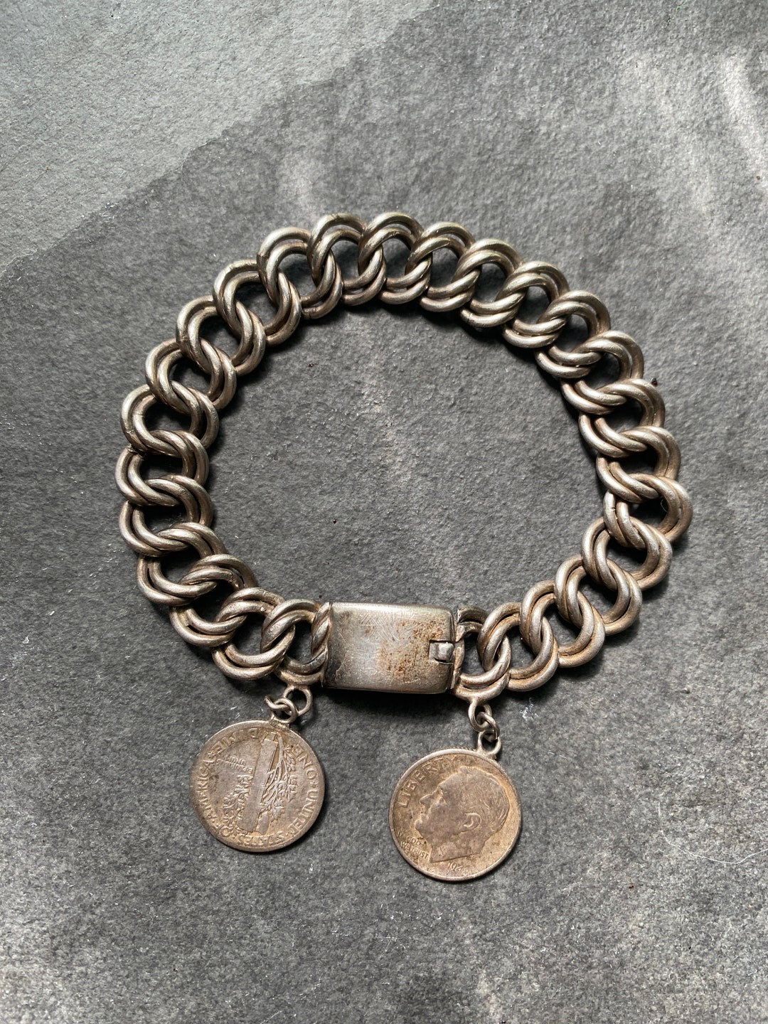 Vintage Silver Chuncky Charm Braclet With RARE Real Silver Dimes ...