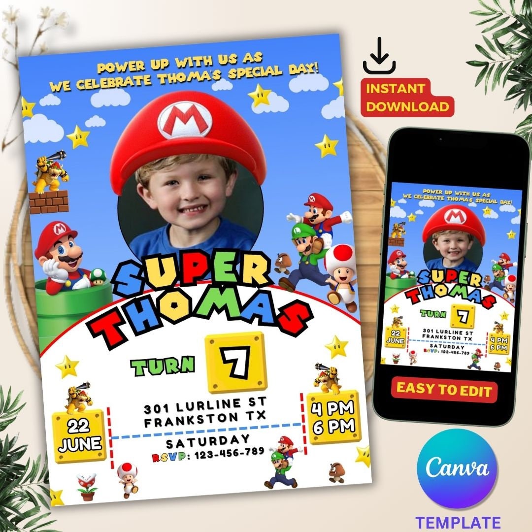 Invitación de Mario Bros, invitación de cumpleaños de Super Mario ...