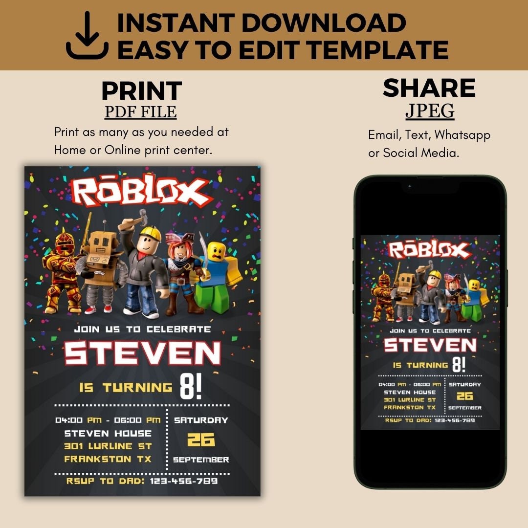 Roblox Invitation, Roblox Invite, Game Party, Roblox Boys Birthday ...