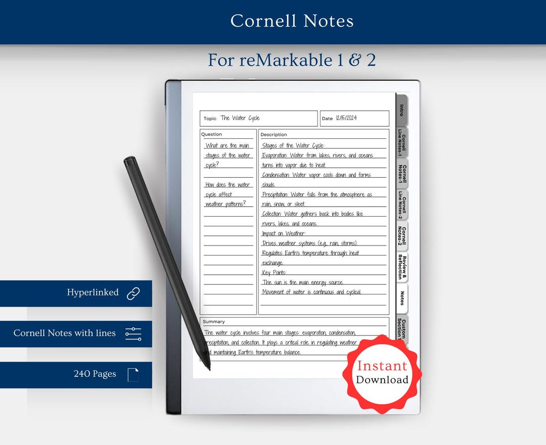 ReMarkable 2 Cornell Notes Template mit linierten Seiten: Digitales ...