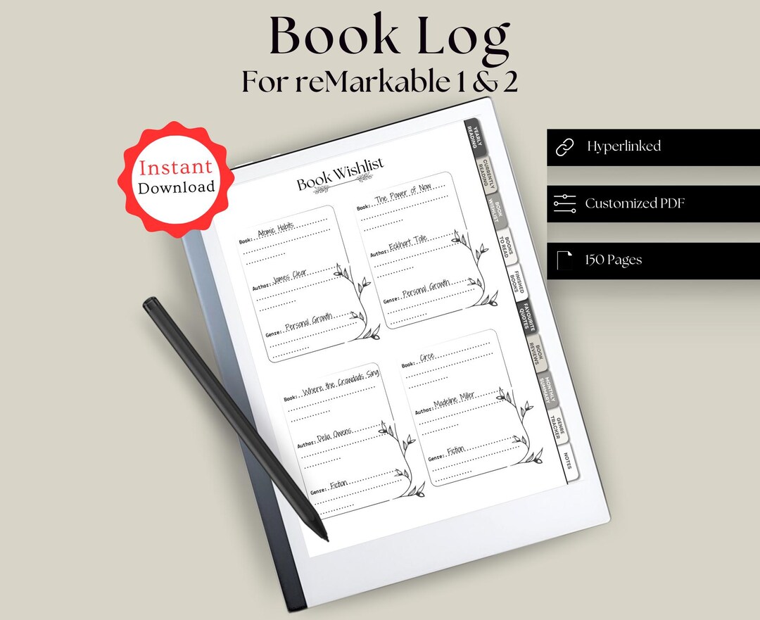 Book Log for Remarkable 2, Reading Log, Reading Journal, Reading ...
