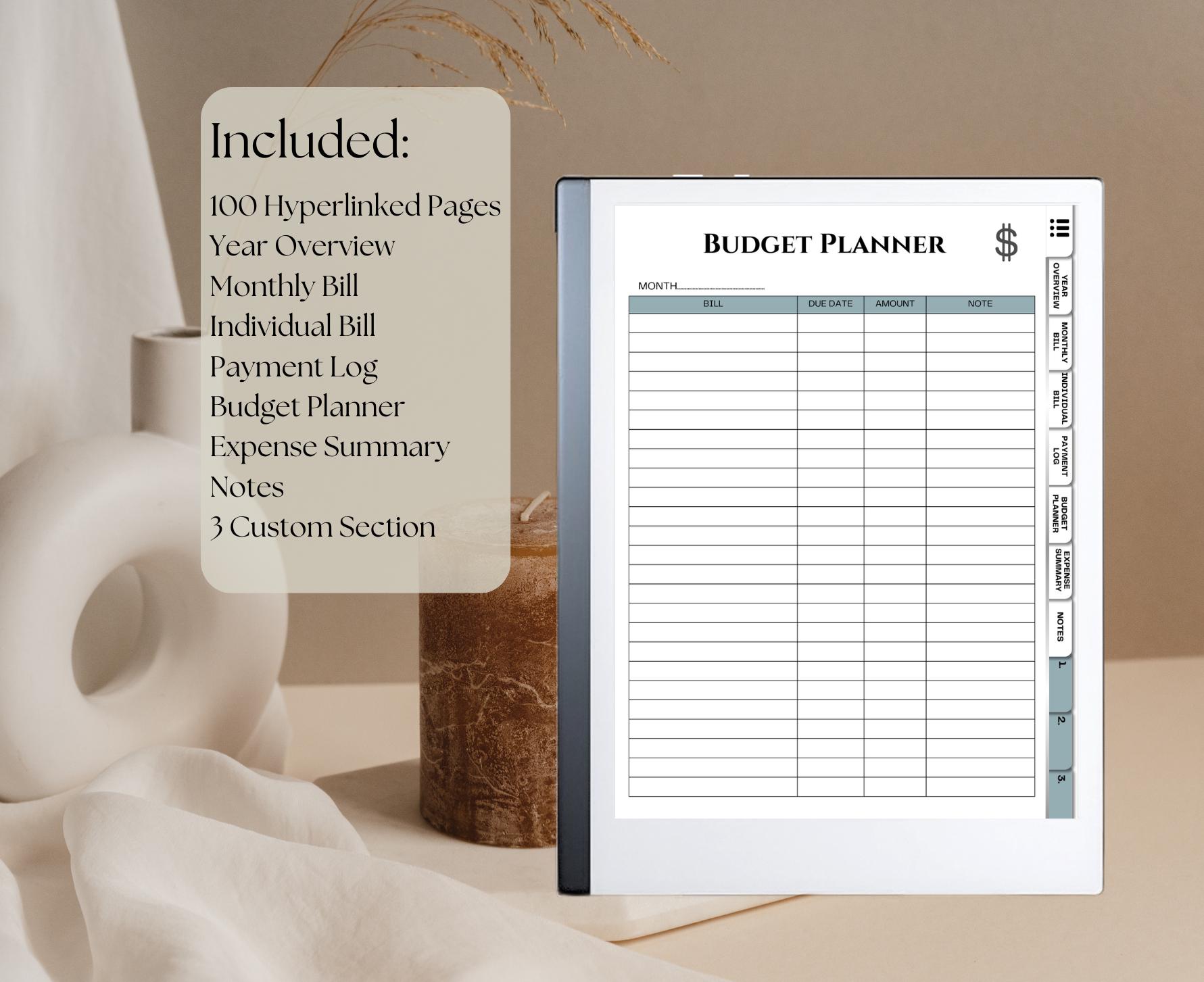 Digital Bill Tracker: Hyperlinked Budget Planner for Remarkable Paper ...