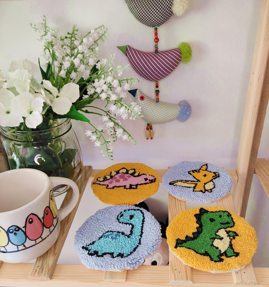 4 Pieces Dinosaur Punch Coasters Diy Kit ,cute Mug Mat for Boys Room ...