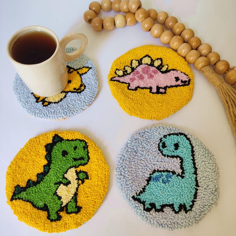 4 Pieces Dinosaur Punch Coasters Diy Kit ,cute Mug Mat for Boys Room ...