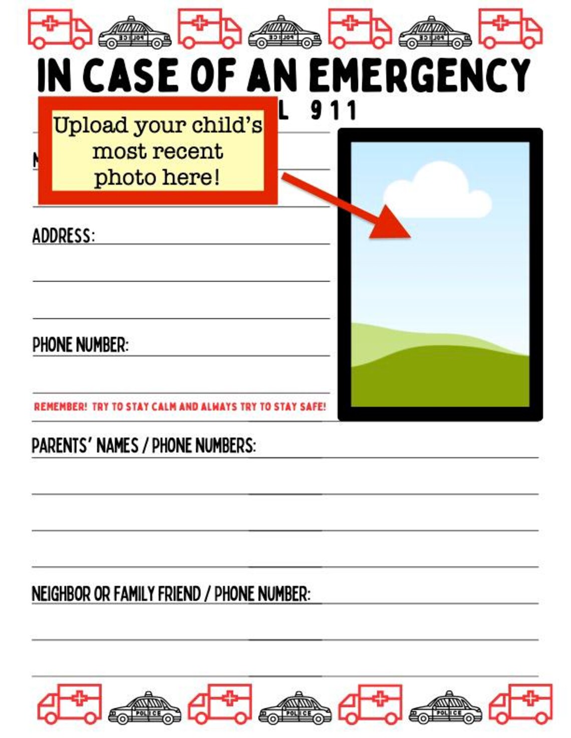 911 Emergency Worksheet for Kids, Safety Activity, Editable Personal ...