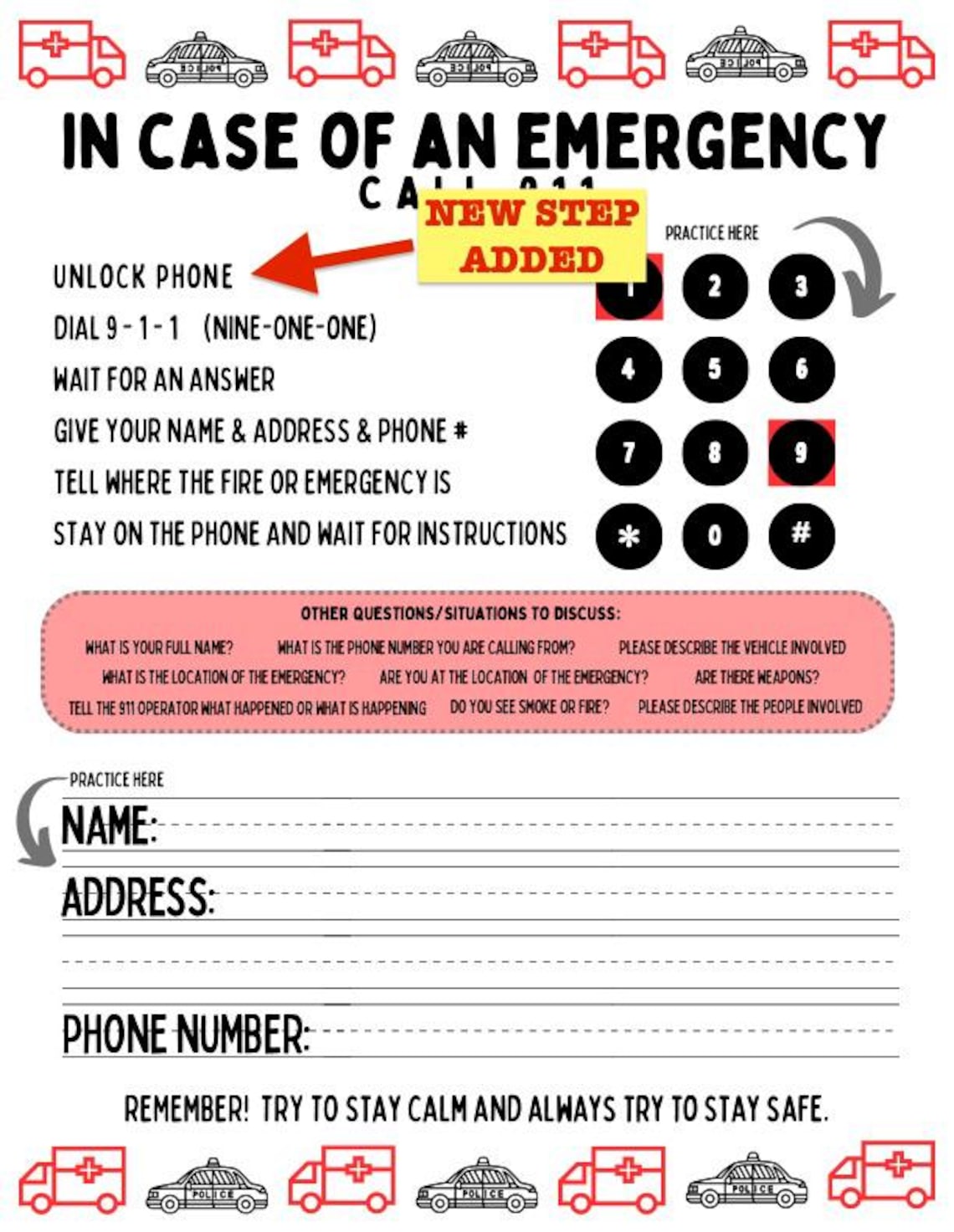 911 Emergency Safety Worksheet | Kids Practice, Name, Address (PDF ...