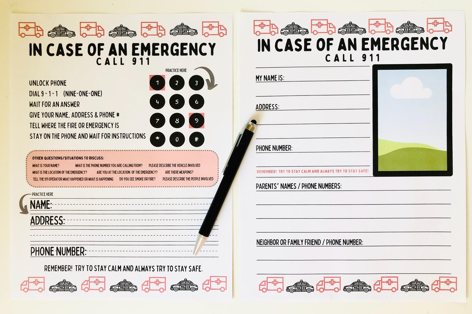 911 Emergency Worksheet for Kids, Safety Activity, Editable Personal ...
