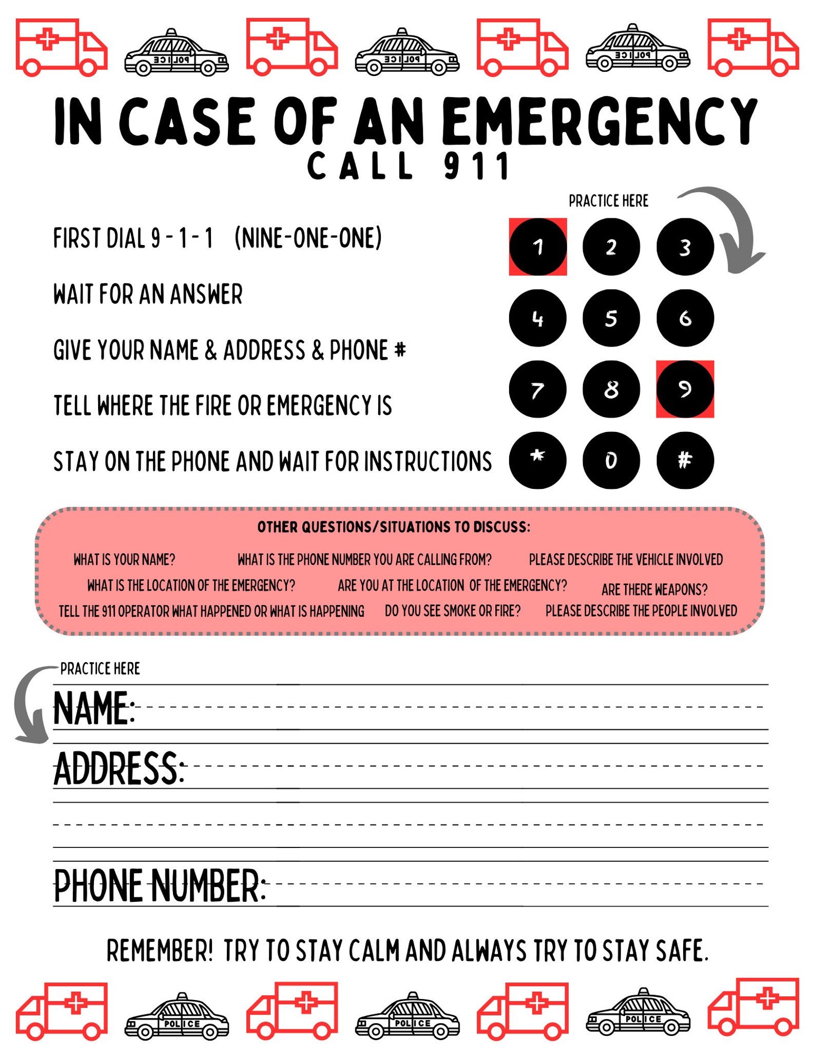 911 Emergency Practice Worksheet, Kids Safety Activity (PDF), Awareness ...