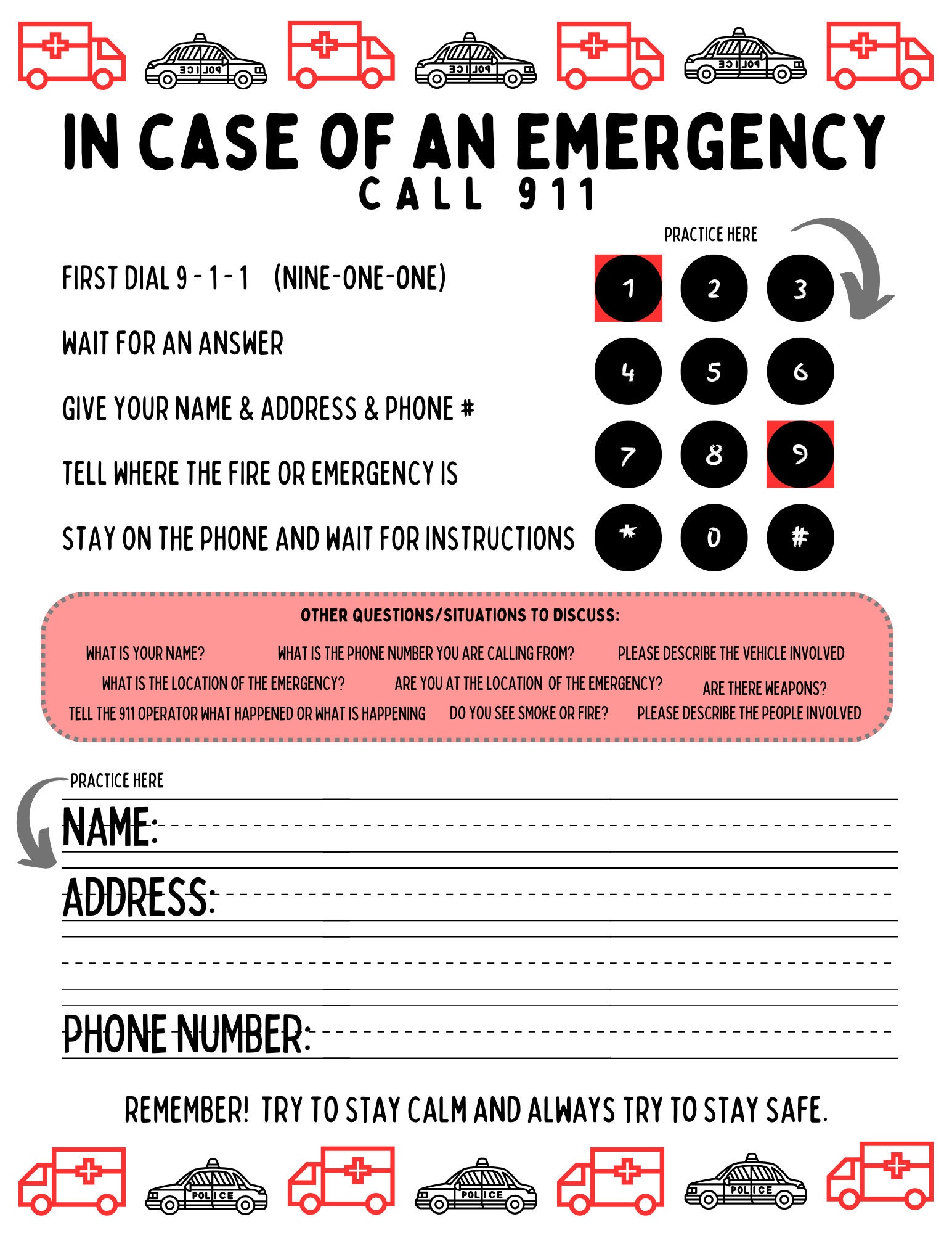 911 Emergency Practice Worksheet, Kids Safety Activity (PDF), Awareness ...