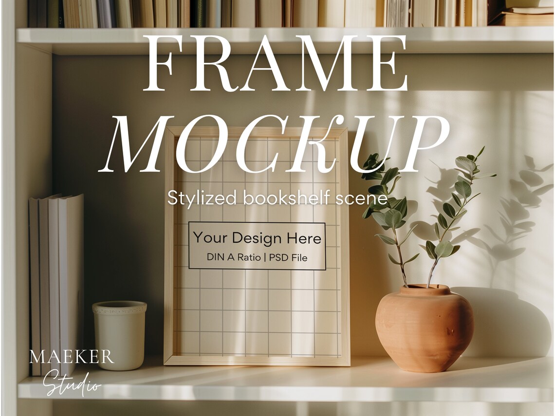 DIN A ISO Frame Mockup Bookshelf Thin Wood Frame Mockup PSD Template ...