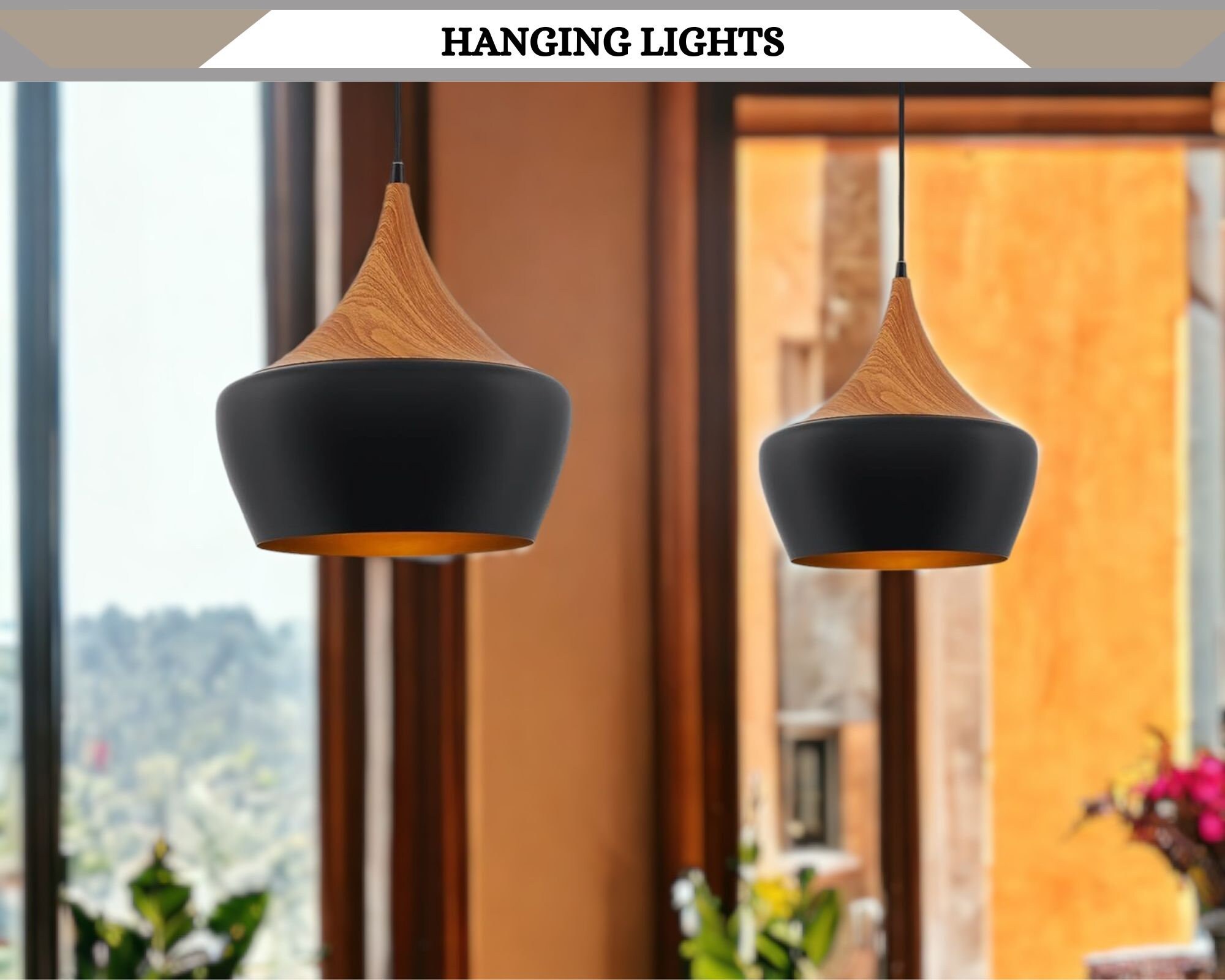 Rustic Pendant Light Industrial Schoolhouse Style Natural Wood Grain ...