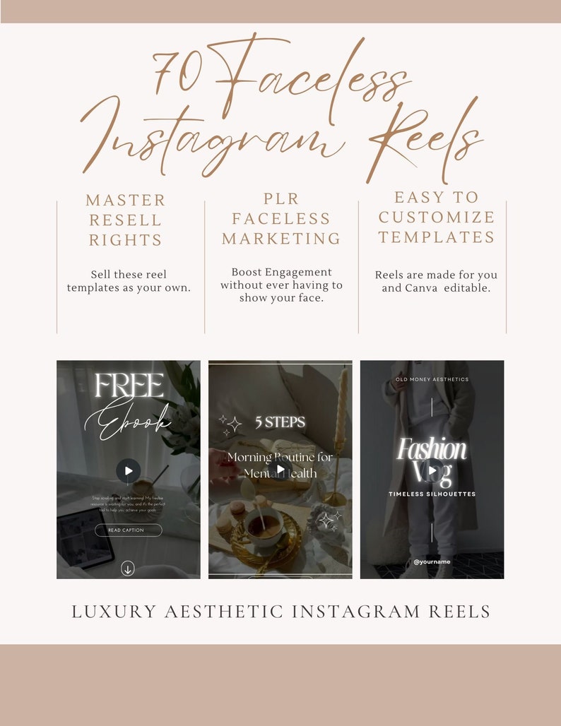 70 LUXURY Aesthetic Faceless Instagram Reels Templates PLR and Master ...