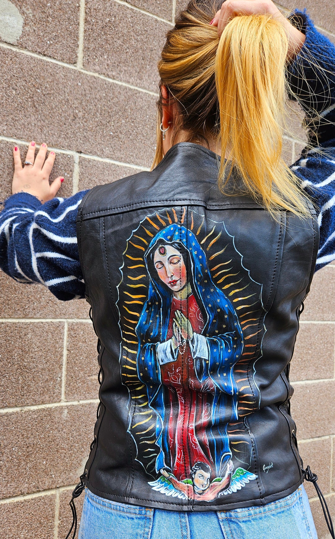 Black Genuine Leather Vest With Hand Painted MADONNA Size S - Etsy