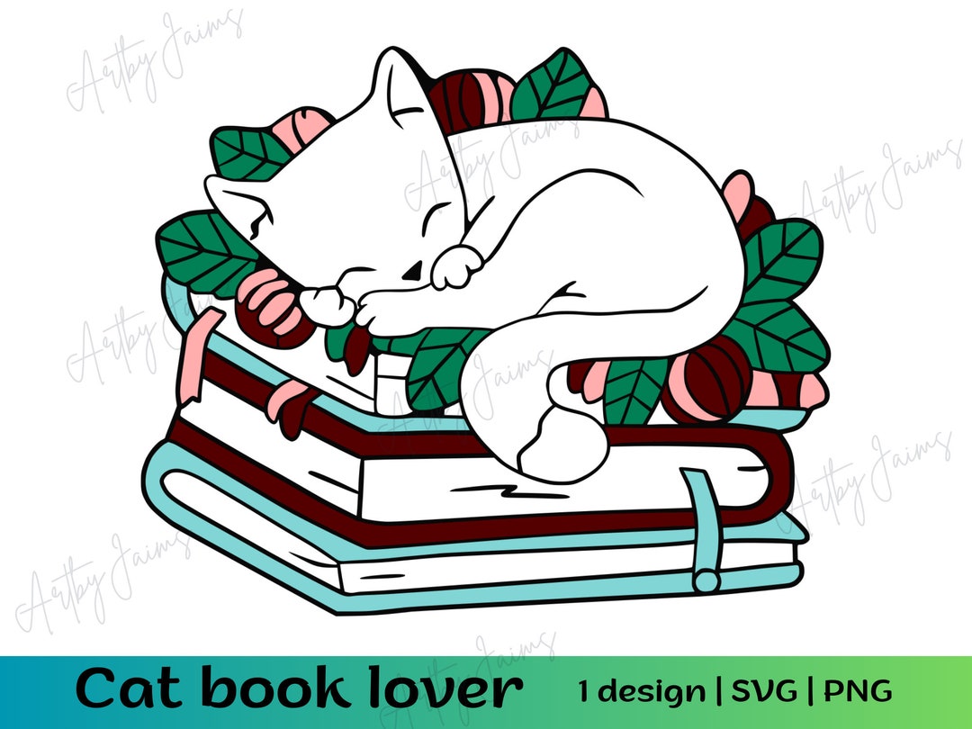 Cat Book Lover SVG, Reading PNG, Booklover, Sleeping Cat, Books ...